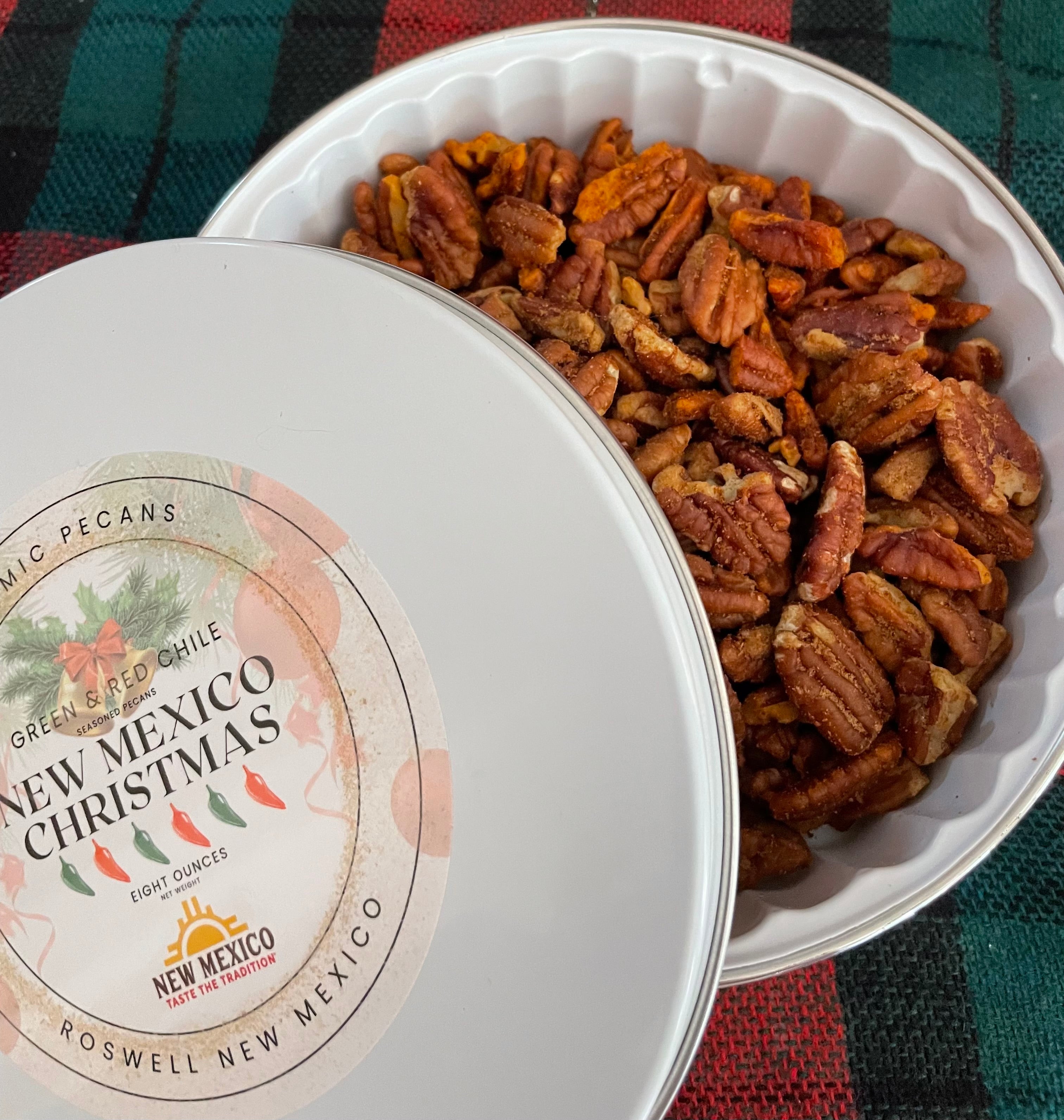 New Mexico Christmas Green and Red Chile Seasoned Pecan Tin – Cosmic Pecans